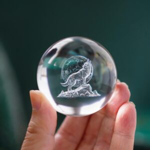 ZEERSHEE 3D Crystal Wolf Figurines Wolf Gifts for Man Women 60mm Glass Laser Ball Paperweight with Stand Howling Wolf with Moon Statue Etched Glass Wolf Decor for Home