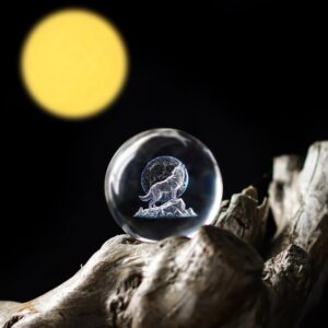 ZEERSHEE 3D Crystal Wolf Figurines Wolf Gifts for Man Women 60mm Glass Laser Ball Paperweight with Stand Howling Wolf with Moon Statue Etched Glass Wolf Decor for Home