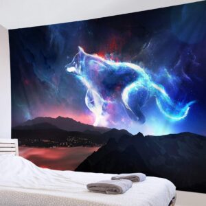 hvest wolf tapestry wall hanging mountains and lake night natural scenery tapestries wild animal wolve in trippy space wall decor blanket for bedroom living room dorm,60x40 inches