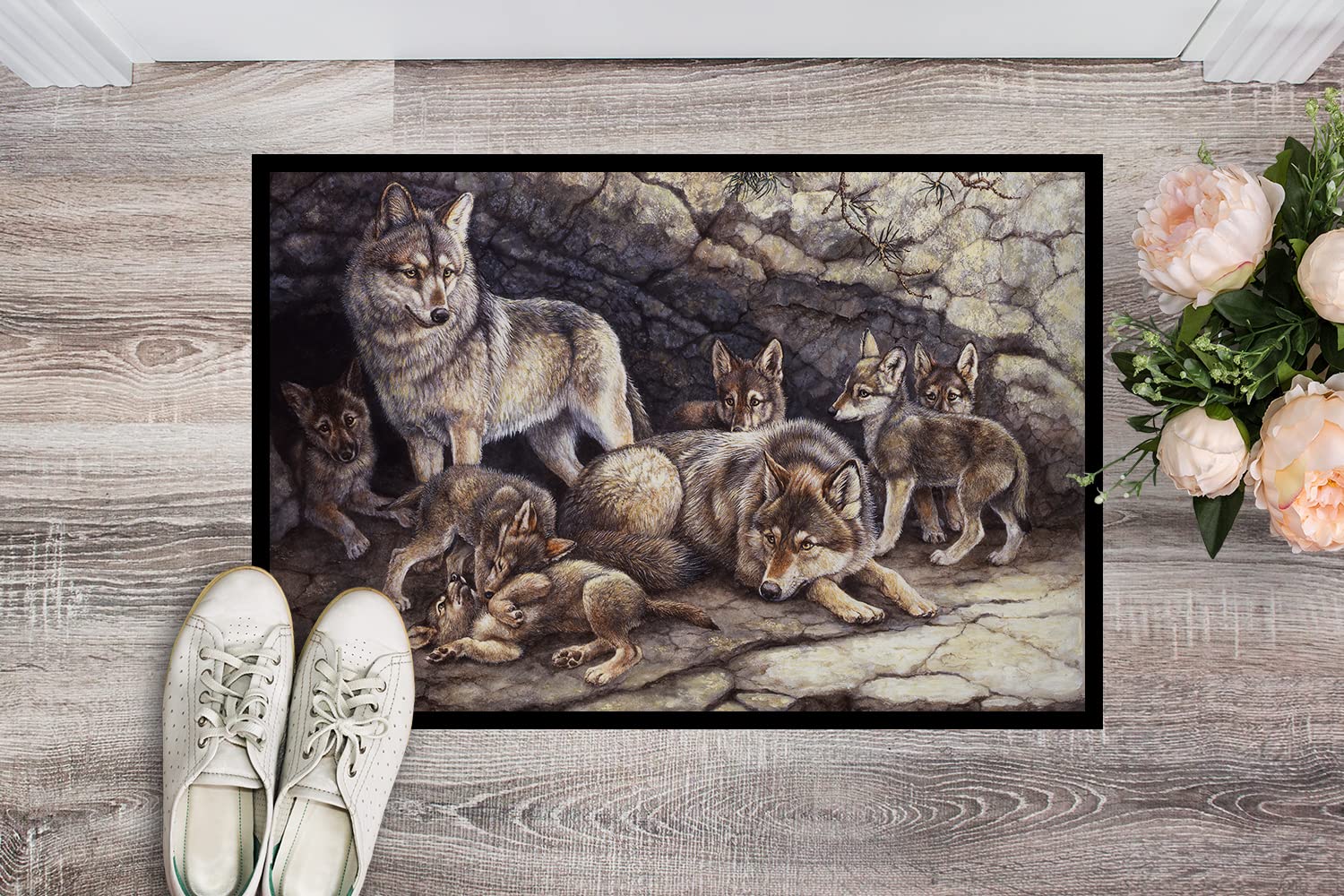 Caroline's Treasures BDBA0157MAT Wolf Wolves by The Den Doormat 18x27 Front Door Mat Indoor Outdoor Rugs for Entryway, Non Slip Washable Low Pile, 18H X 27W