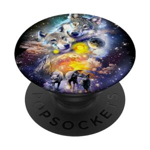 cosmic space wolf, wolves family howling, night-time reunion popsockets standard popgrip