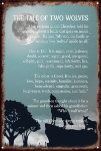 tin wall art inspirational quote decor, the tale of two wolves- tin prints poster wall art for living room home office decor, great gift for home and office decor under, size 8x12 inch