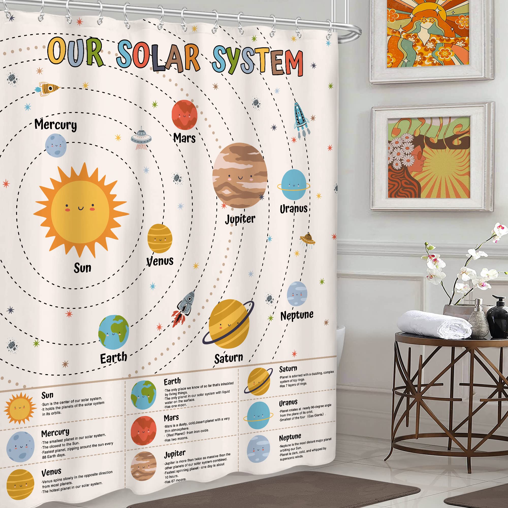 Imirell Space Galaxy Solar System Shower Curtain 60Wx72H Inches Cartoon Planets Educational Learning Tool Universe Knowledge Nursery Kids Bathroom Decor Fabric Waterproof Polyester 12 Pack Hooks