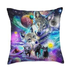 random galaxy cosmic space wolf, wolves family, galactic howl throw pillow, 18x18, multicolor