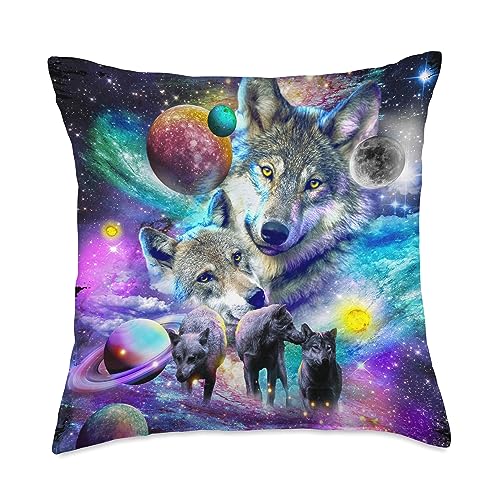 Random Galaxy Cosmic Space Wolf, Wolves Family, Galactic Howl Throw Pillow, 18x18, Multicolor