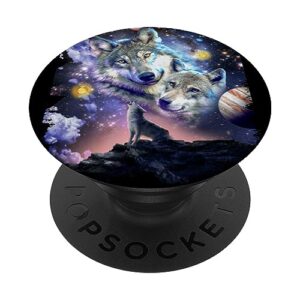 cosmic space wolf, wolves family howling, celestial bond popsockets standard popgrip