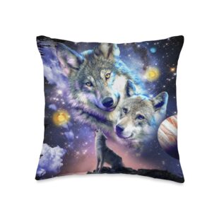 random galaxy cosmic space wolf, wolves family howling, celestial bond throw pillow, 16x16, multicolor