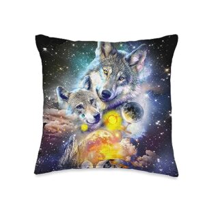 random galaxy cosmic space wolf, wolves family howling, night-time reunion throw pillow, 16x16, multicolor