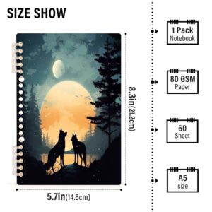 SDMKA Wolves under The Moon Spiral Notebook 1 Subject Durable Detachable Notebook with Water Resistant Cover, 60 Sheets (8.3" x 5.7")