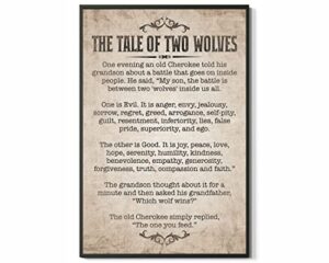 the tale of two wolves - vintage motivational and inspirational wall art print encourage wall art positive affirmation wall art inspirational wall art motivational quotes wall decor for home office | poster unframed