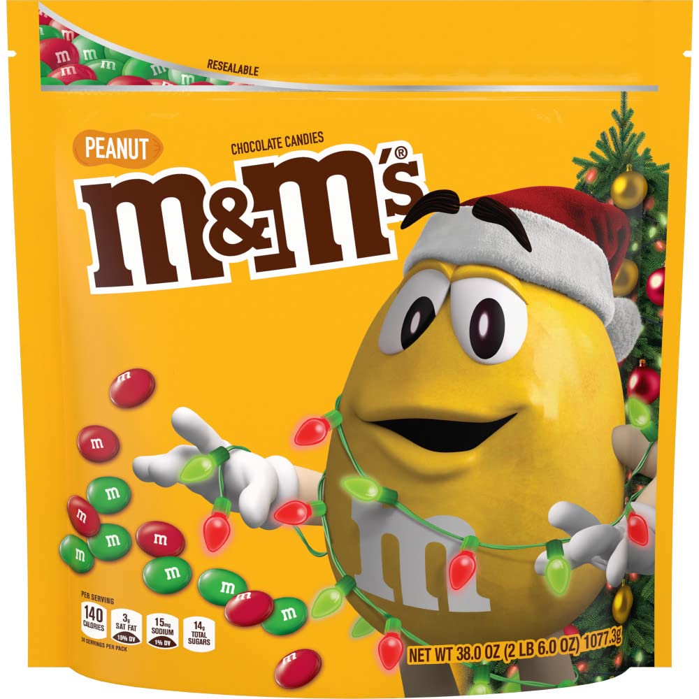 M&M'S Holiday Peanut Milk Chocolate Christmas Candy, Party Size, 38 oz Resealable Bag