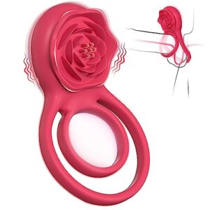 vibrating cock ring with rose clitoral stimulator, pleasure penis ring vibrator couples adult sex toys for men women, 7 vibrations male couple sex toy