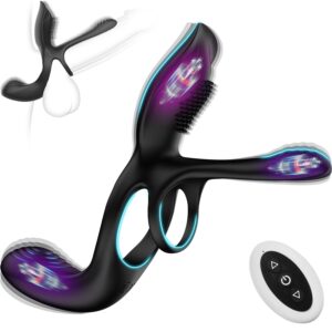 vibrator for couple, 3 in 1 vibrating cock ring with 10 modes, men's penis vibrators, perineum , g spot, clitorals stimulator for women, sex novelties, adult sex toys & games black