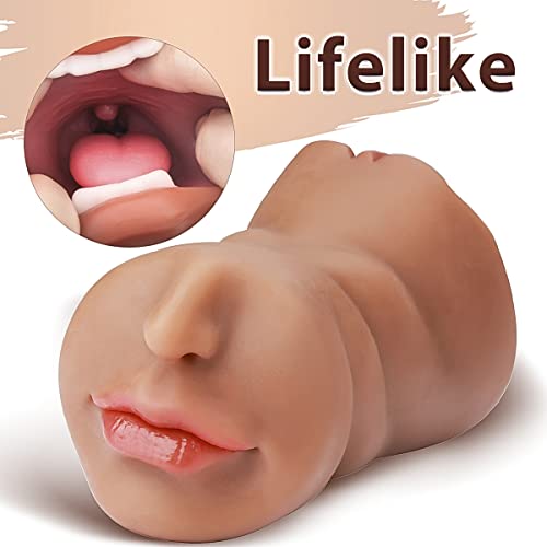 3 in 1 Pocket Pussy Male Masturbators with Lifelike Face, Sex Doll with Realistic Textured Mouth Vagina and Tight Anus, Masturbator Male Stroker Deep Throat Oral Adult Sex Toys for Men (Brown)