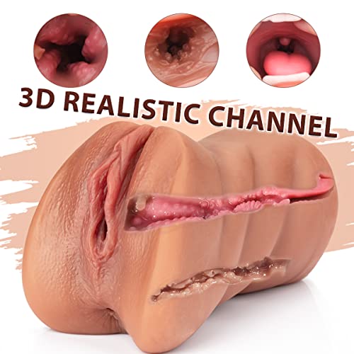 3 in 1 Pocket Pussy Male Masturbators with Lifelike Face, Sex Doll with Realistic Textured Mouth Vagina and Tight Anus, Masturbator Male Stroker Deep Throat Oral Adult Sex Toys for Men (Brown)