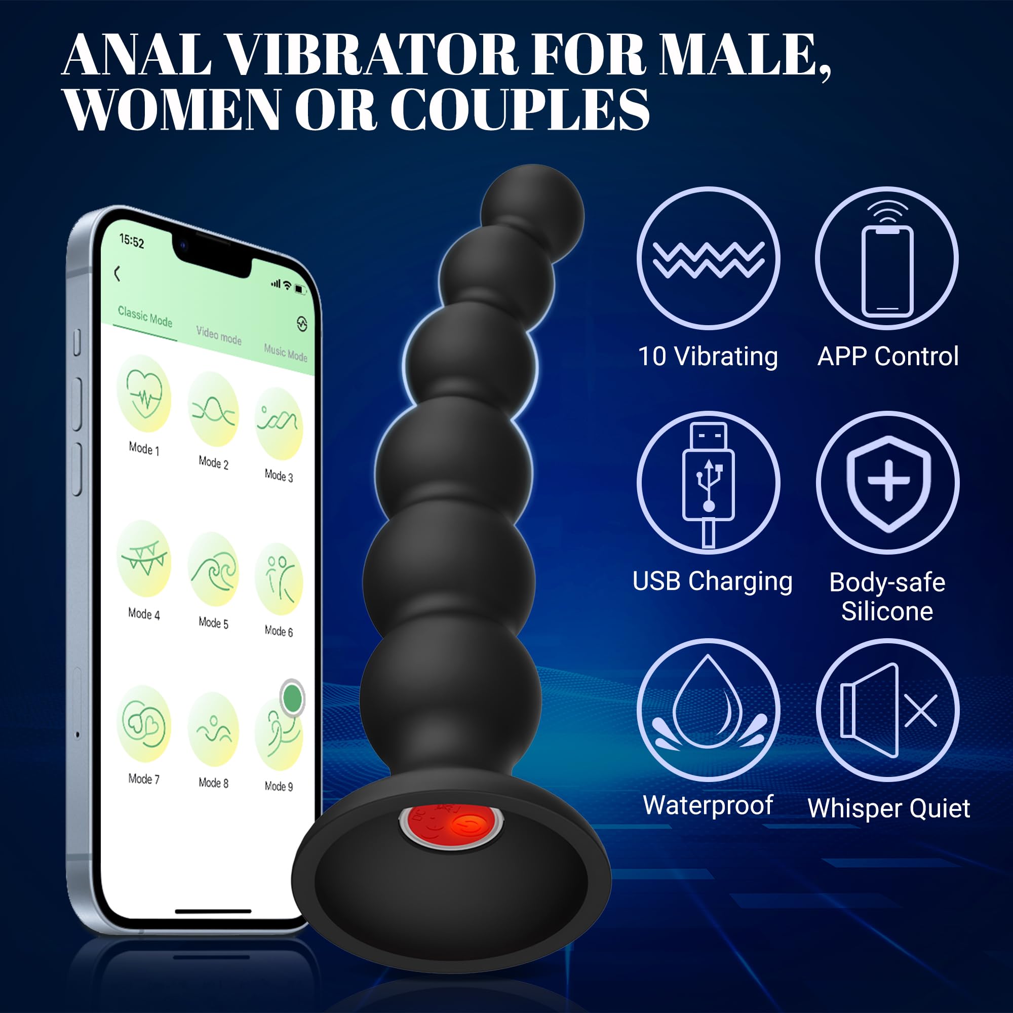 Vibrating Anal Beads Butt Plug Adult Sex Toys Anal Vibrator APP Control with 9 Vibrating Sex Toys for Men, Women and Couple Games Prostate Massager Adult Toys Bullet Vibrator Silicone Waterproof