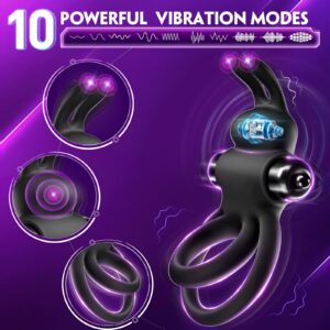 Vibrating Cock Ring Sex Toy - Male Sex Toys for Men Vibrator Double Penis Ring Couples Sex Toys Adult Toys Mens Sex Toys with Rabbit Ears 10 Vibration Modes Adult Sex Toys for Couples Female Women