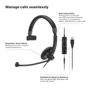 Sennheiser SC 45 USB MS (507083) - Single-Sided Business Headset | For Skype for Business, Mobile Phone, Tablet, Softphone, and PC | HD Sound & Noise-Cancelling Microphone (Black)