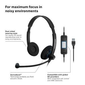 Sennheiser SC 60 USB CTRL (504549) - Double-Sided Business Headset | For Unified Communications | with HD Sound, Noise-Cancelling Microphone, & USB Connector (Black)