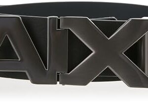 Armani Exchange Men's Leather Wide Logo Belt Buckle, black/phantom, 38