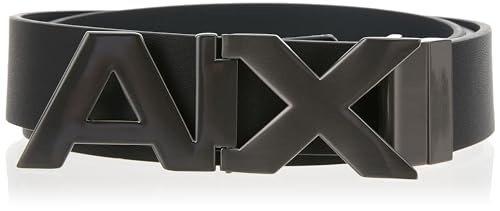 Armani Exchange Men's Leather Wide Logo Belt Buckle, black/phantom, 38