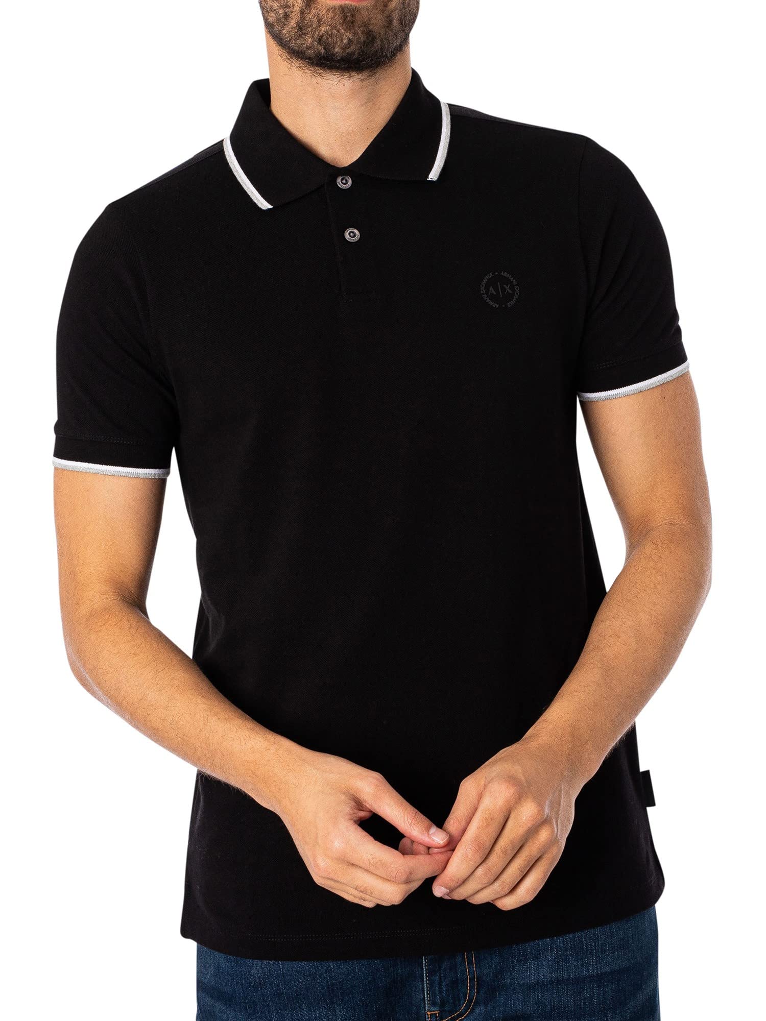 A|X Armani Exchange Men's Short Sleeve Jersey Knit Polo, Black, XL