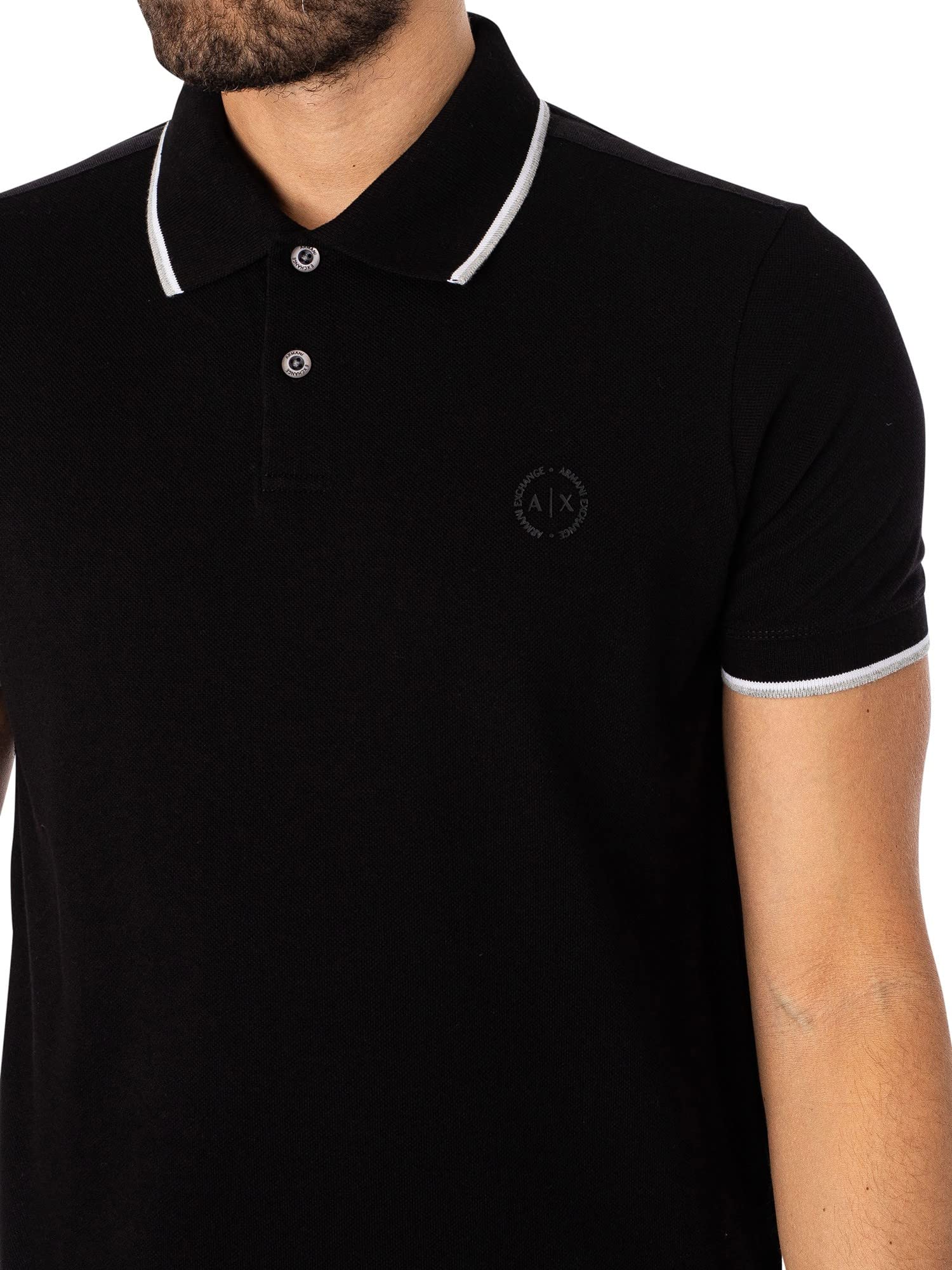 A｜X ARMANI EXCHANGE Mens Short Sleeve Jersey Knit Polo Shirt, Black, Medium US