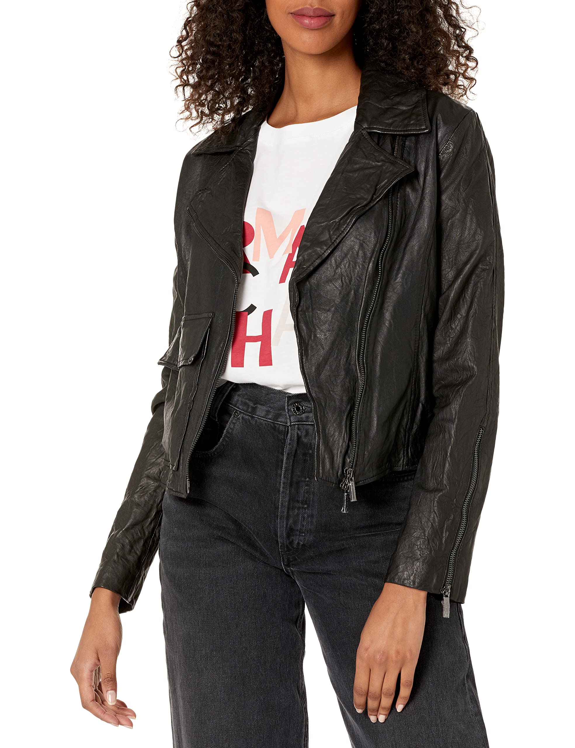 A | X ARMANI EXCHANGE Women's Password Lined Leather Jacket, Black, Extra Small