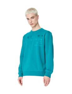 armani exchange men's organic cotton seasonal basic foil lettering crewneck sweatshirt, deep lake, extra small