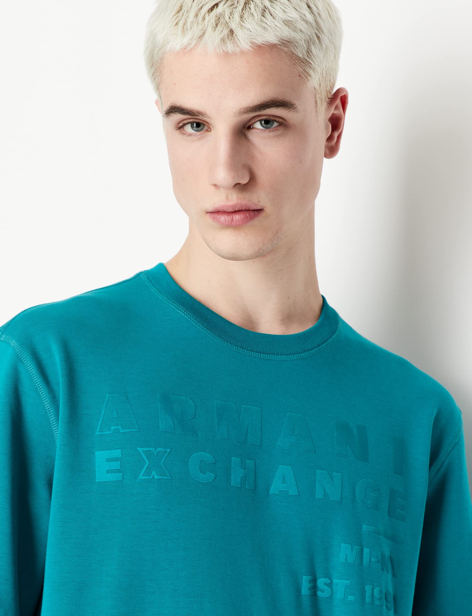 Armani Exchange Men's Organic Cotton Seasonal Basic Foil Lettering Crewneck Sweatshirt, Deep Lake, Extra Small