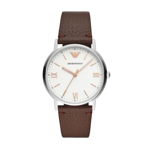 emporio armani men's three-hand silver and brown leather band watch (model: ar11173)