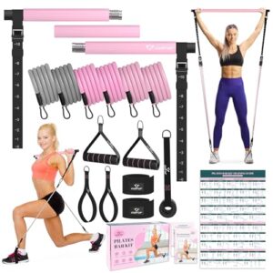 pilates bar kit with resistance bands, multifunctional yoga pilates bar with heavy-duty metal adjustment buckle, portable home gym pilates resistance bar for women full body workouts(20-150lbs)-pink