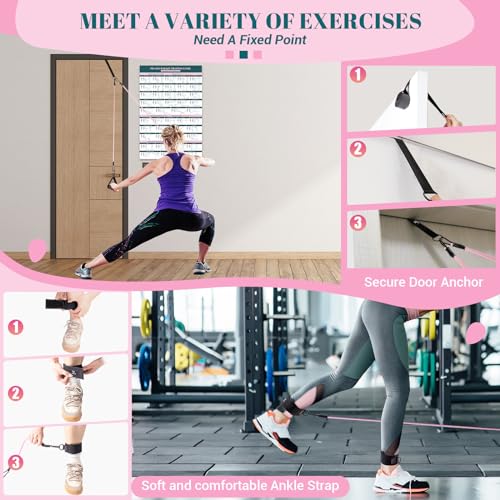 Pilates Bar Kit with Resistance Bands, Multifunctional Yoga Pilates Bar with Heavy-Duty Metal Adjustment Buckle, Portable Home Gym Pilates Resistance Bar for Women Full Body Workouts(20-150LBS)-Pink