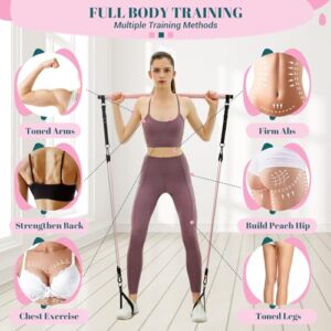 Pilates Bar Kit with Resistance Bands, Multifunctional Yoga Pilates Bar with Heavy-Duty Metal Adjustment Buckle, Portable Home Gym Pilates Resistance Bar for Women Full Body Workouts(20-150LBS)-Pink