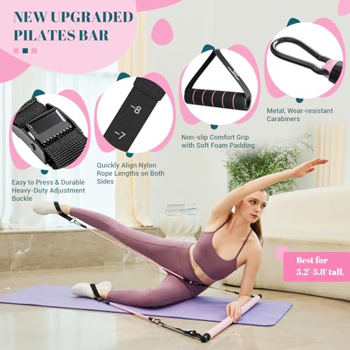 Pilates Bar Kit with Resistance Bands, Multifunctional Yoga Pilates Bar with Heavy-Duty Metal Adjustment Buckle, Portable Home Gym Pilates Resistance Bar for Women Full Body Workouts(20-150LBS)-Pink