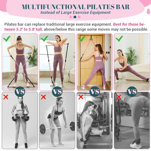 Pilates Bar Kit with Resistance Bands, Multifunctional Yoga Pilates Bar with Heavy-Duty Metal Adjustment Buckle, Portable Home Gym Pilates Resistance Bar for Women Full Body Workouts(20-150LBS)-Pink