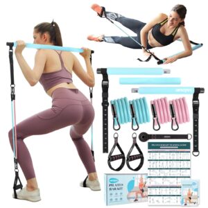 pilates bar kit with resistance bands, multifunctinal exercise bar with resistance bands for pilates/abs/weight loss, portable home gym pilates bar kit for full body training women - blue