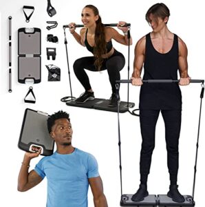 evo gym - portable home gym strength training equipment, at home gym | all in one gym - 6 resistance bands, base holds gym bar & handles for travel | portable gym & home exercise equipment | 120lbs