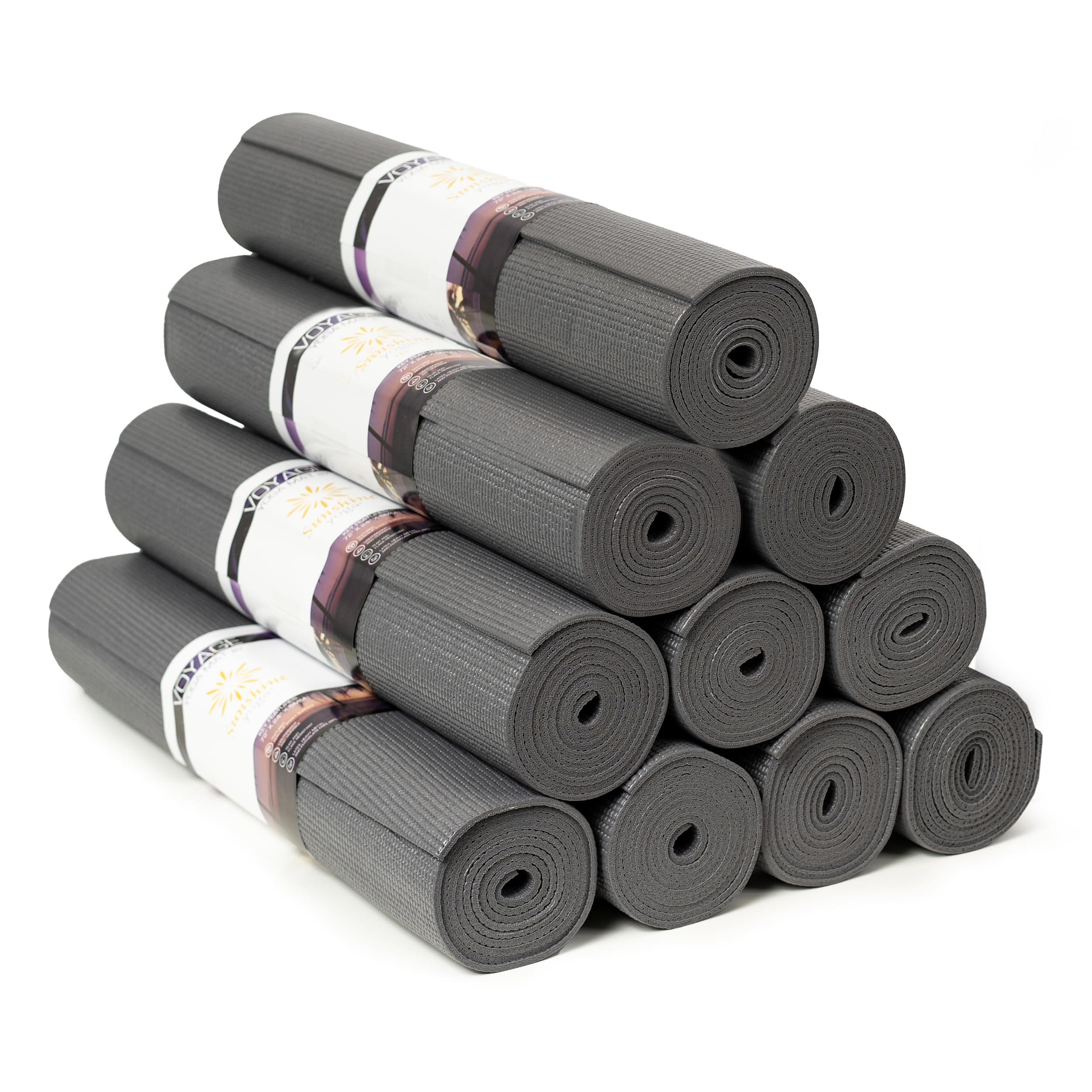 Sunshine Yoga Voyage Yoga Mat, 10 Pack, 72" x 24" Extra Long Exercise Mat, 5mm Thick Bulk Yoga Mats for Schools, Anti-Tear, Non Slip Fitness Mat for Gym or Studio, Cool Gray