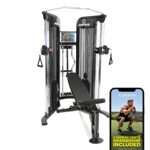 inspire fitness ft1 functional trainer with bench - compact at home workout machine with accessories - two 165 lb weight stacks - smooth glide cable machine with weight bench