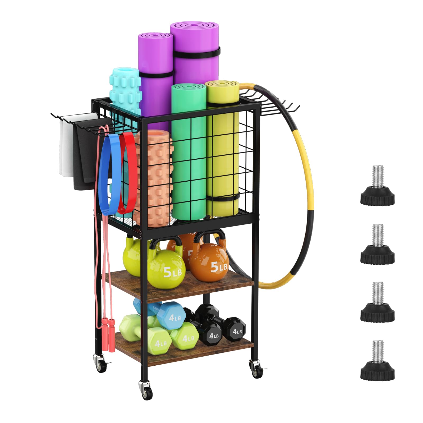 Weight Rack for Dumbbells, Yoga Mat Storage Rack, Home Gym Workout Equipment Storage Organizer, 3-Tier Wooden Dumbbell Rack Weight Stand with Hooks, Yoga Mat Holder with Wheels for Yoga Block