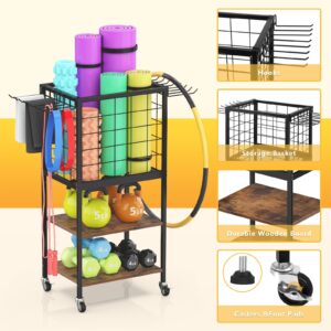 Weight Rack for Dumbbells, Yoga Mat Storage Rack, Home Gym Workout Equipment Storage Organizer, 3-Tier Wooden Dumbbell Rack Weight Stand with Hooks, Yoga Mat Holder with Wheels for Yoga Block