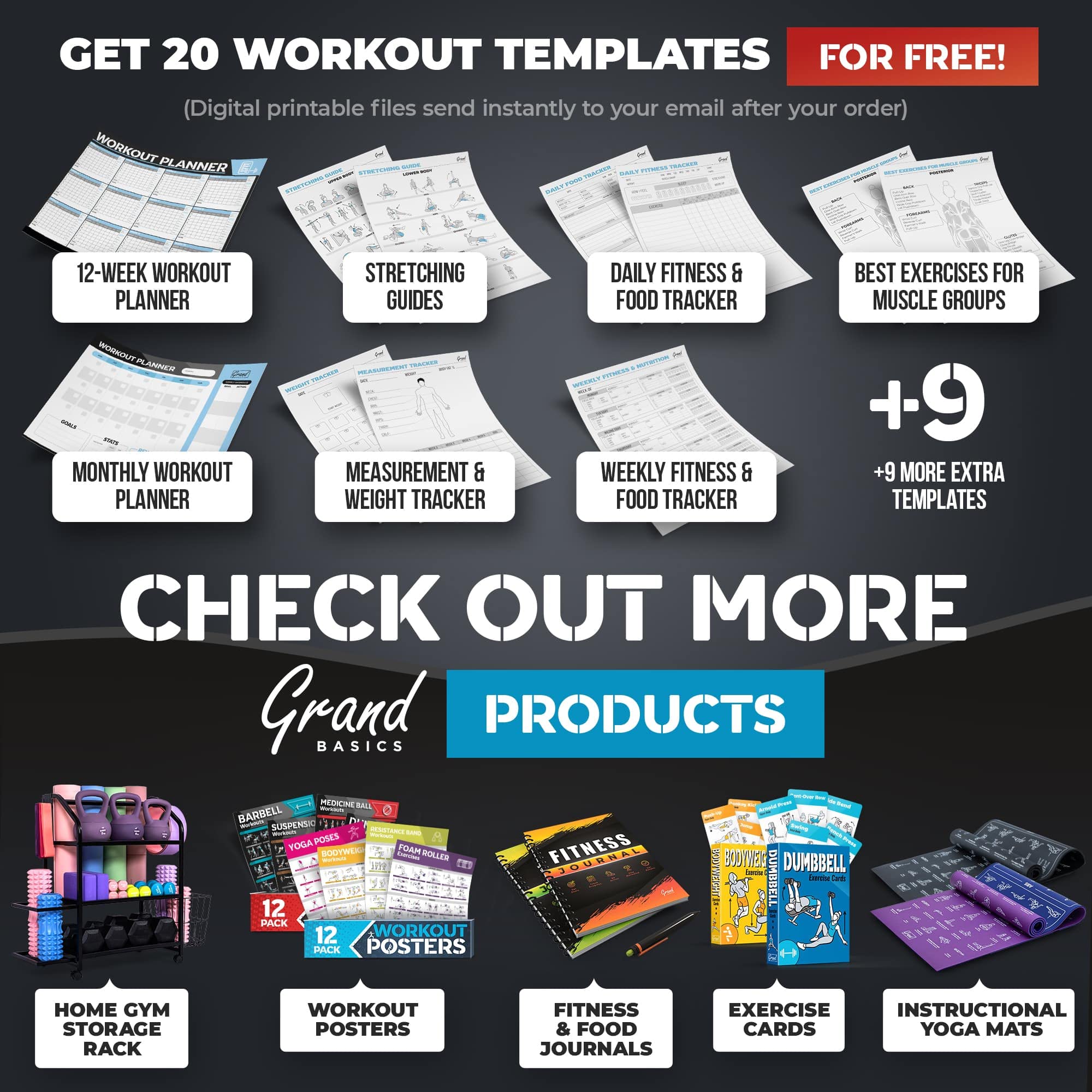 [12-PACK] Laminated Large Workout Poster Set - Perfect Workout Posters for Home Gym - Exercise Charts Incl. Dumbbell, Yoga Poses, Resistance Band, Kettlebell, Stretching & More Fitness Gym Posters