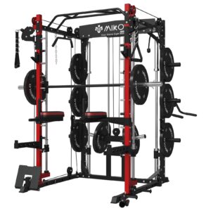 mikolo smith machine, 2000lbs multifunctional squat rack with lat pull down system&cable crossover machine for home gym, power cage with dip/leg raise attachments, free handles, band pegs（red）