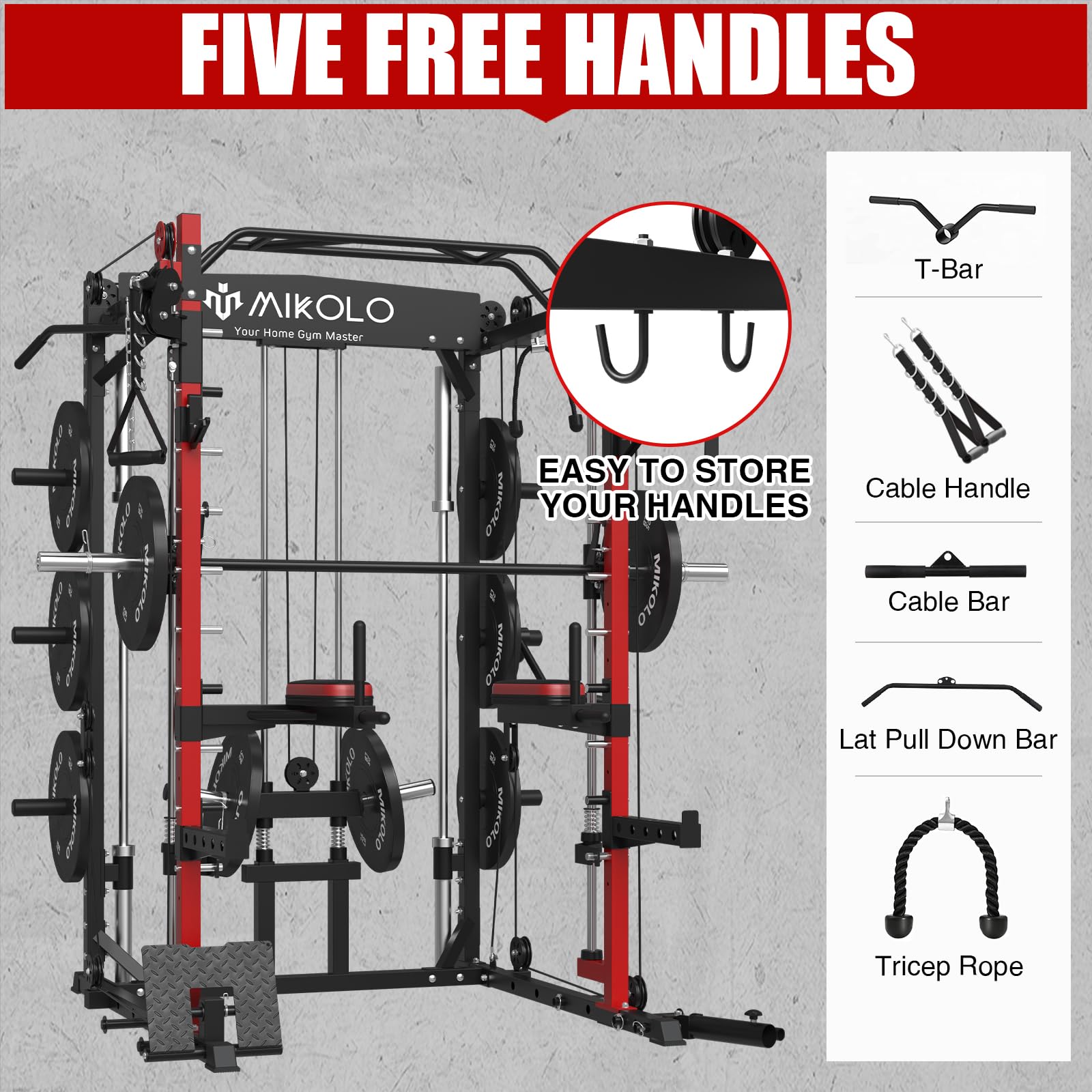 Mikolo Smith Machine, 2000LBS Multifunctional Squat Rack with LAT Pull Down System&Cable Crossover Machine for Home Gym, Power Cage with Dip/Leg Raise Attachments, Free Handles, Band Pegs（Red）