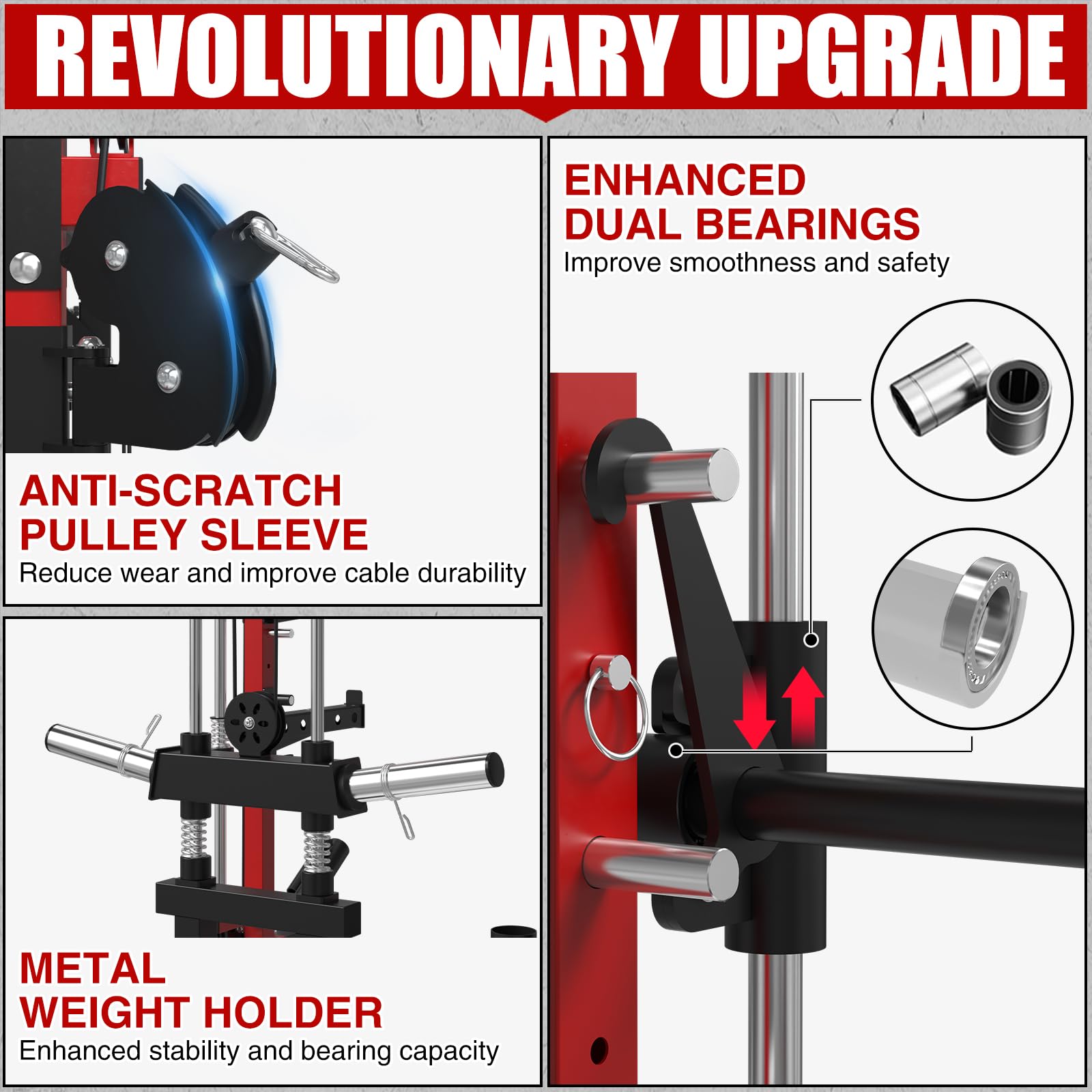 Mikolo Smith Machine, 2000LBS Multifunctional Squat Rack with LAT Pull Down System&Cable Crossover Machine for Home Gym, Power Cage with Dip/Leg Raise Attachments, Free Handles, Band Pegs（Red）