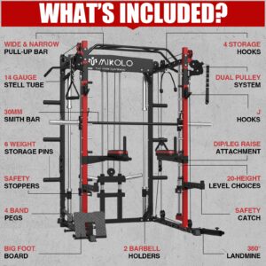 Mikolo Smith Machine, 2000LBS Multifunctional Squat Rack with LAT Pull Down System&Cable Crossover Machine for Home Gym, Power Cage with Dip/Leg Raise Attachments, Free Handles, Band Pegs（Red）