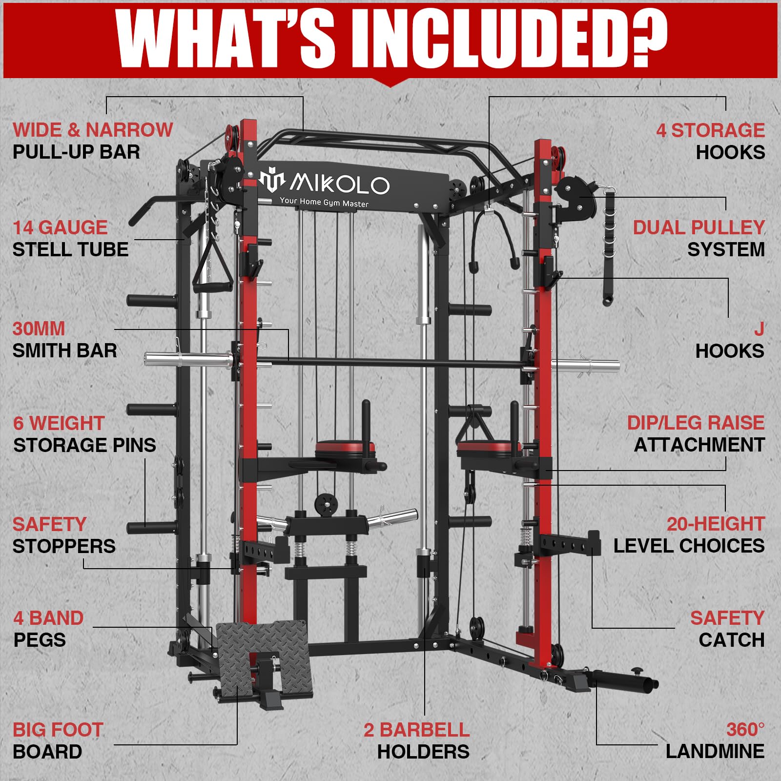 Mikolo Smith Machine, 2000LBS Multifunctional Squat Rack with LAT Pull Down System&Cable Crossover Machine for Home Gym, Power Cage with Dip/Leg Raise Attachments, Free Handles, Band Pegs（Red）