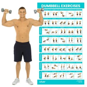 vive dumbbell workout poster - home gym exercise for upper, lower, full body - laminated bodyweight chart for back, arm, core and legs - free weight building guide for men, women, elderly (30" x 17")