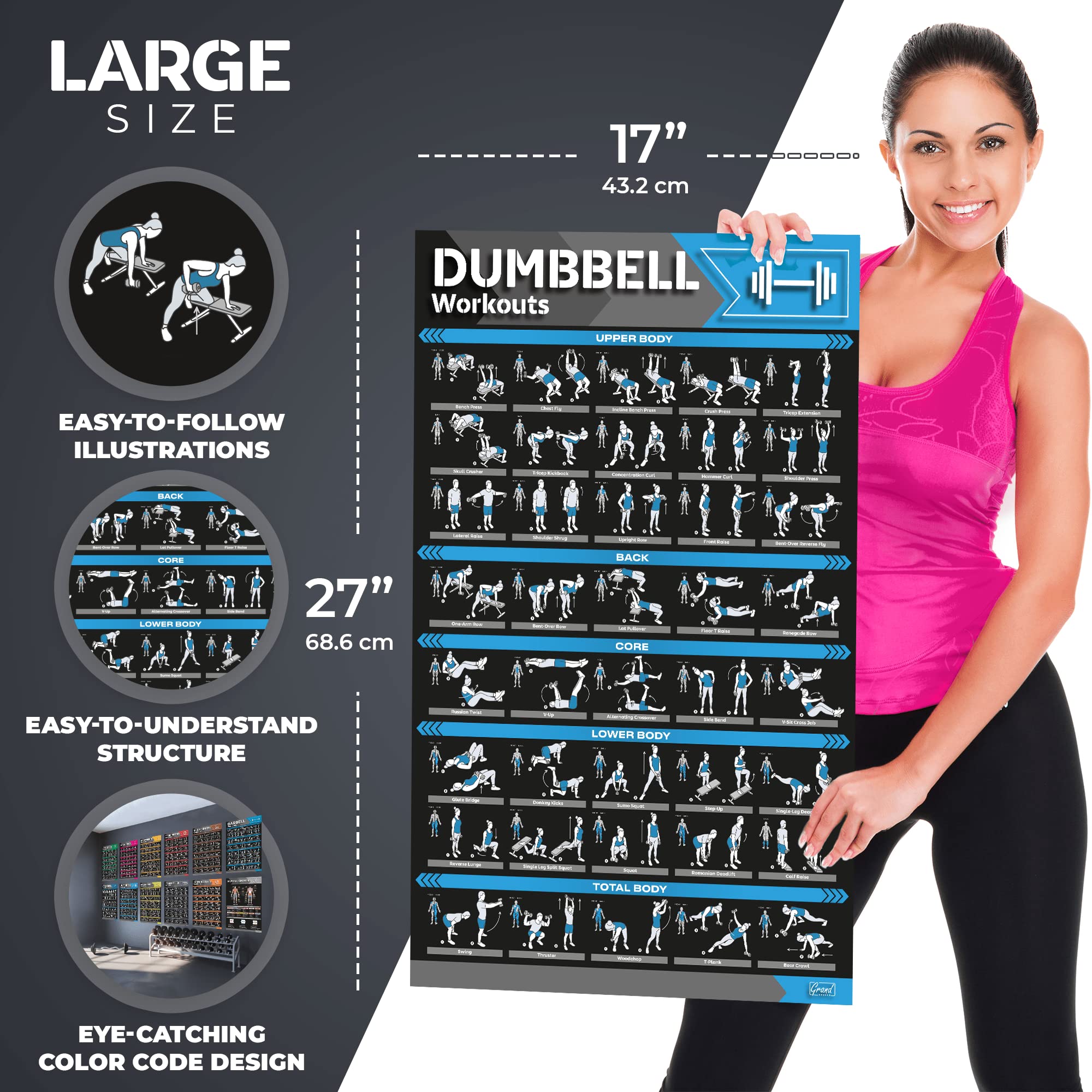 [21-PACK] Laminated Large Workout Poster Set - Perfect Workout Posters for Home Gym - Exercise Charts Incl. Dumbbell, Yoga Poses, Resistance Band, Kettlebell, Stretching & More Fitness Gym Posters